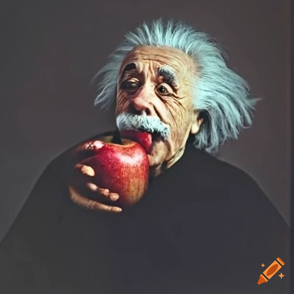 Albert Einstein eating a huge apple in a paparazzi-style photograph on ...