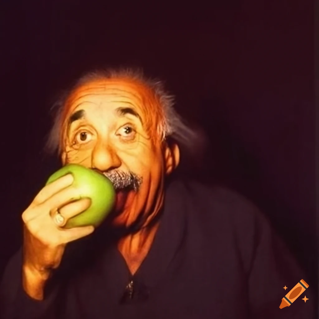 Albert Einstein eating a huge apple in a paparazzi photograph on Craiyon