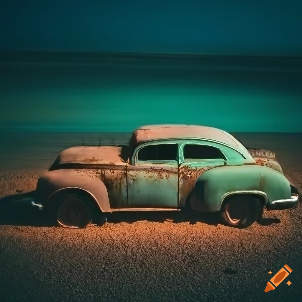 Old rusty 50's car on a desert road at night with green ambient light ...
