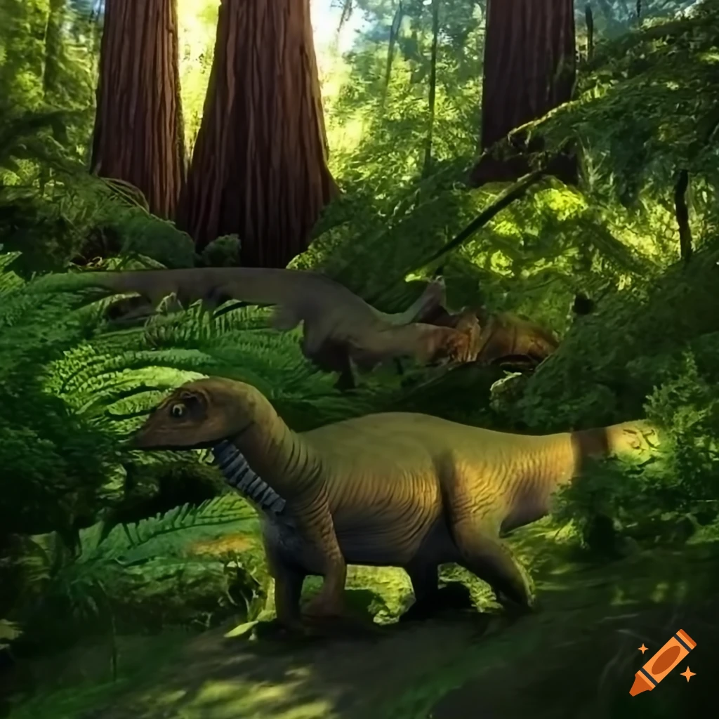 Iguanodon dinosaurs with goshawk color pattern in a redwood forest ...