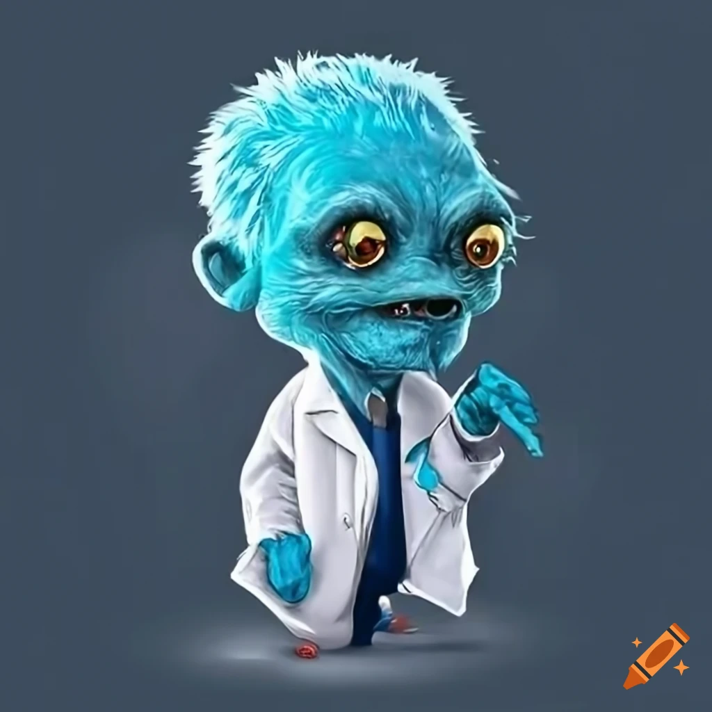 Blue-skinned monster in a white lab coat on Craiyon