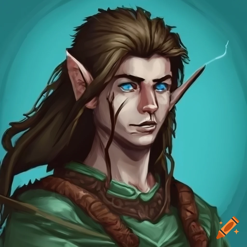 Strikingly handsome half-elf ranger with piercing blue eyes, ready for ...
