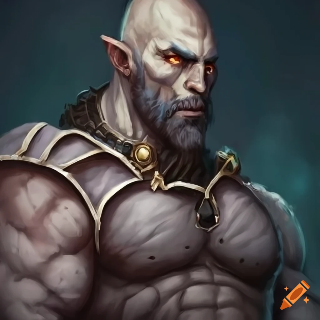 Portrait of a tall, muscular goliath character with grey skin and a ...