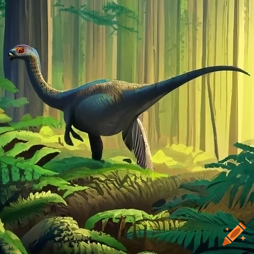 Iguanodon dinosaurs with goshawk color pattern in a redwood forest on ...