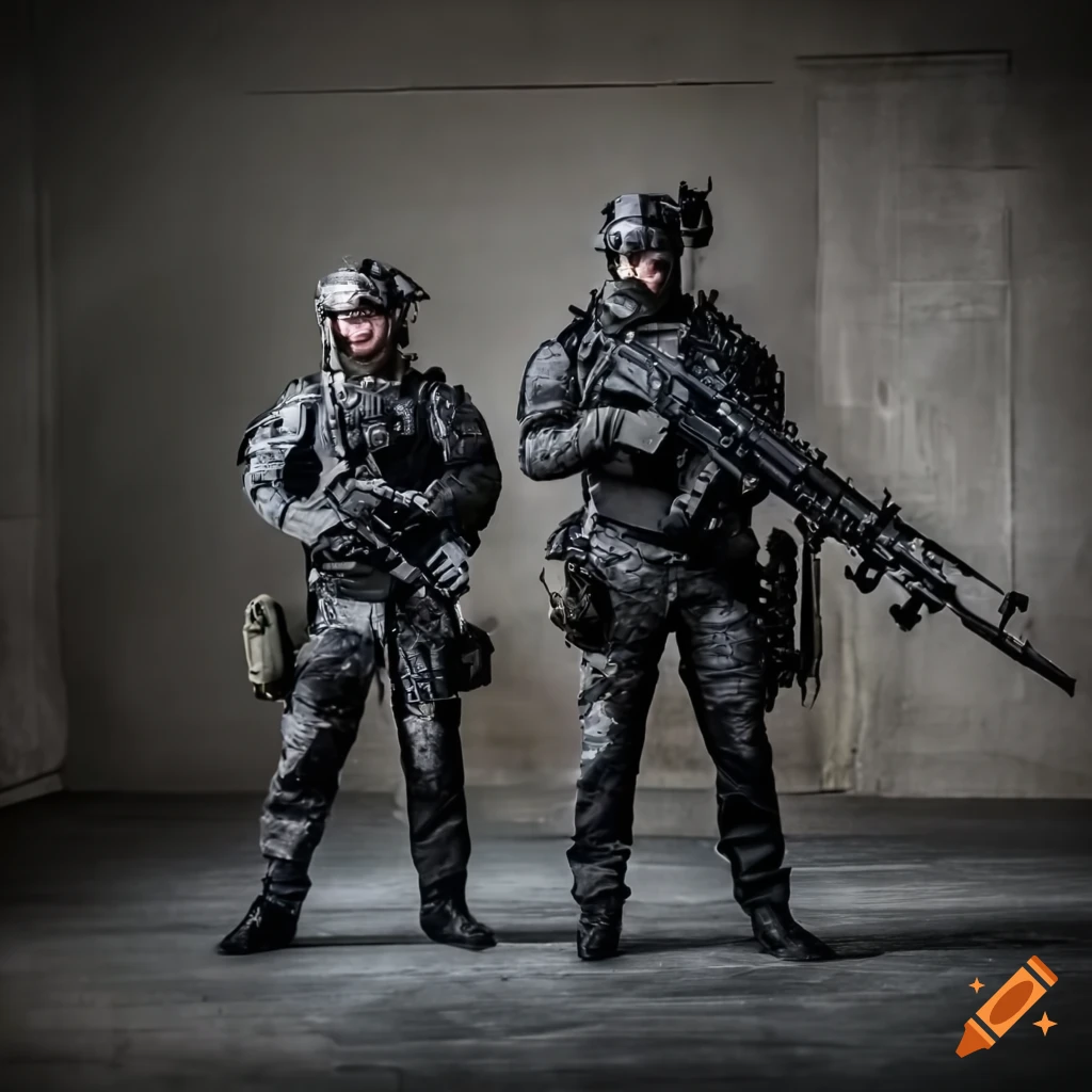 Elite tactical team in black stealth armor with advanced weaponry on ...
