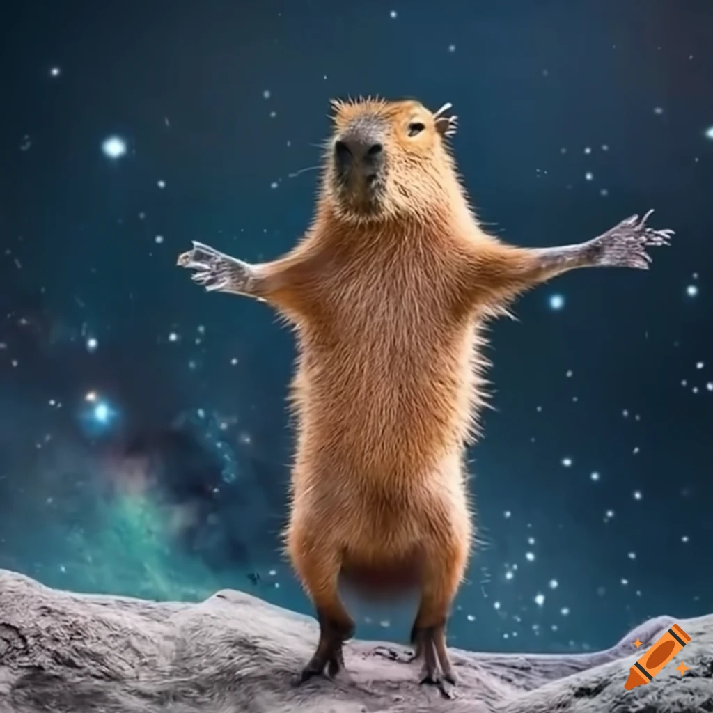 Cute capybara in a space suit dancing in outer space on Craiyon