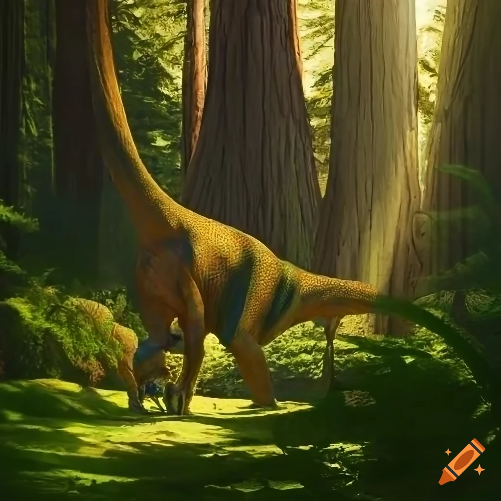 Iguanodon dinosaurs with goshawk color pattern in a redwood forest on ...