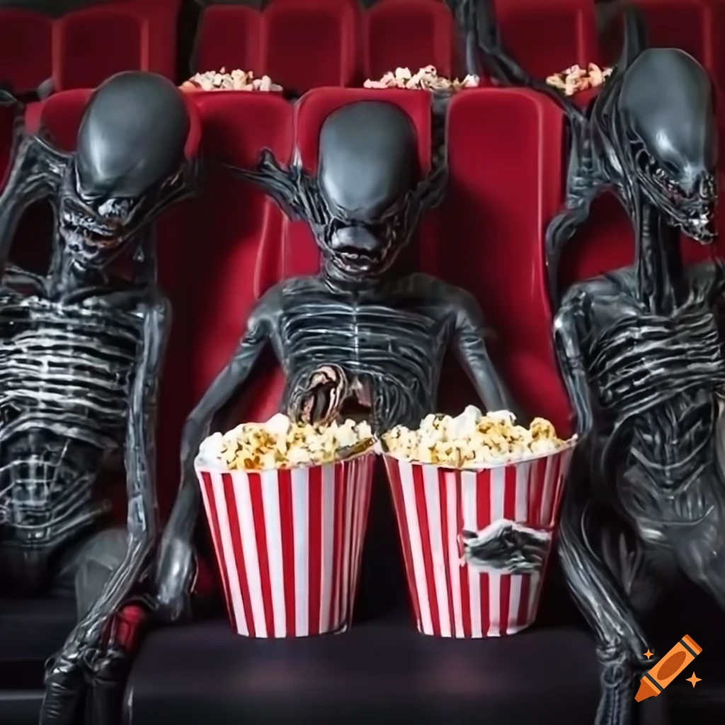 Three Alien Xenomorphs watching a movie in a theater with popcorn on ...