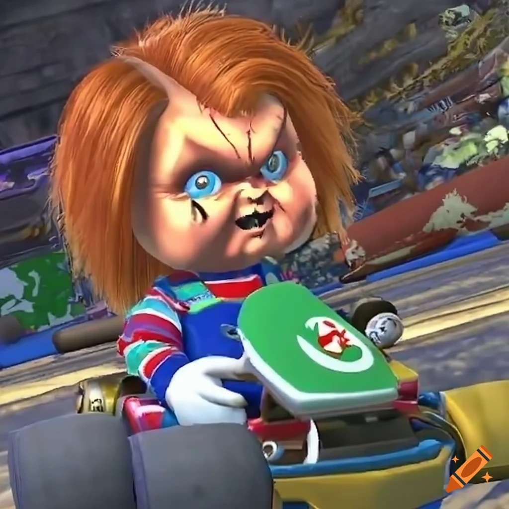 Chucky driving a kart in Mario Kart 8 Deluxe style on Craiyon