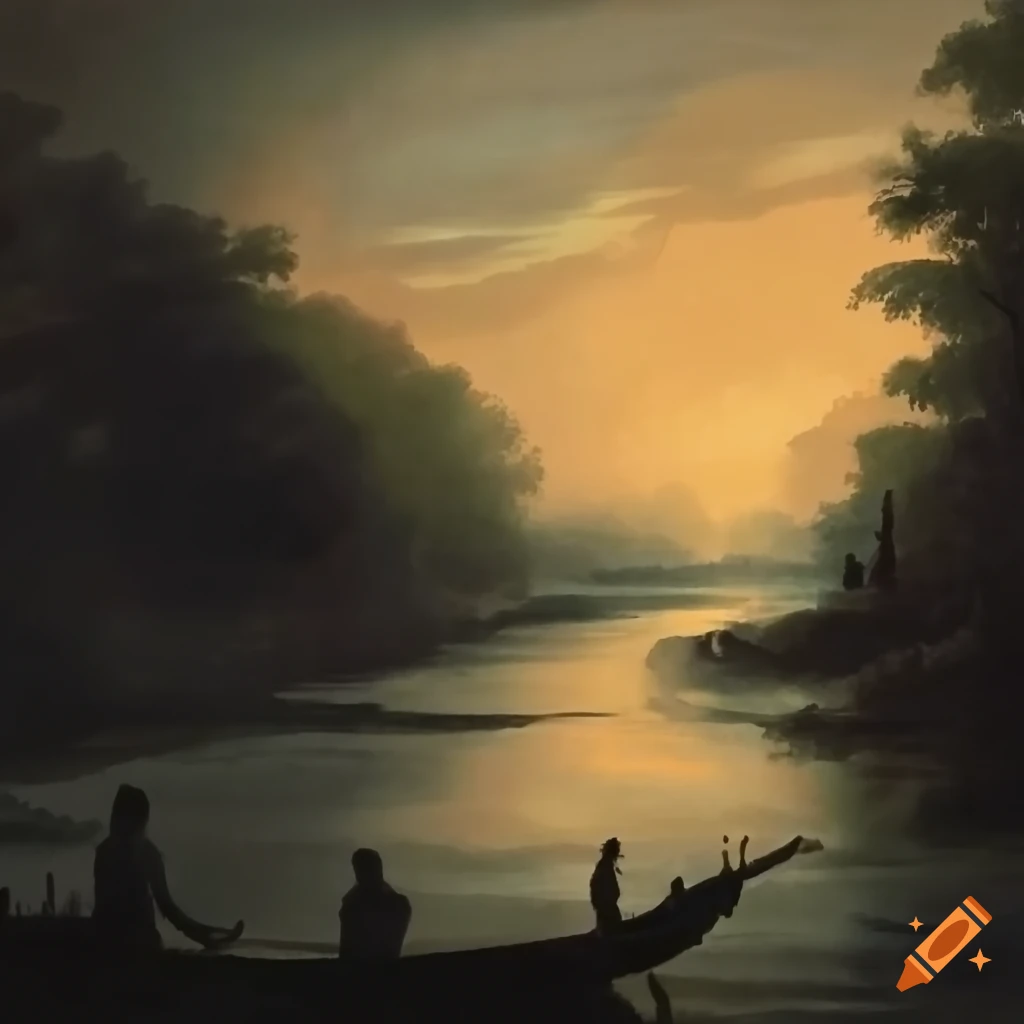 River styx ferryman and people crossing the river at night with torches ...