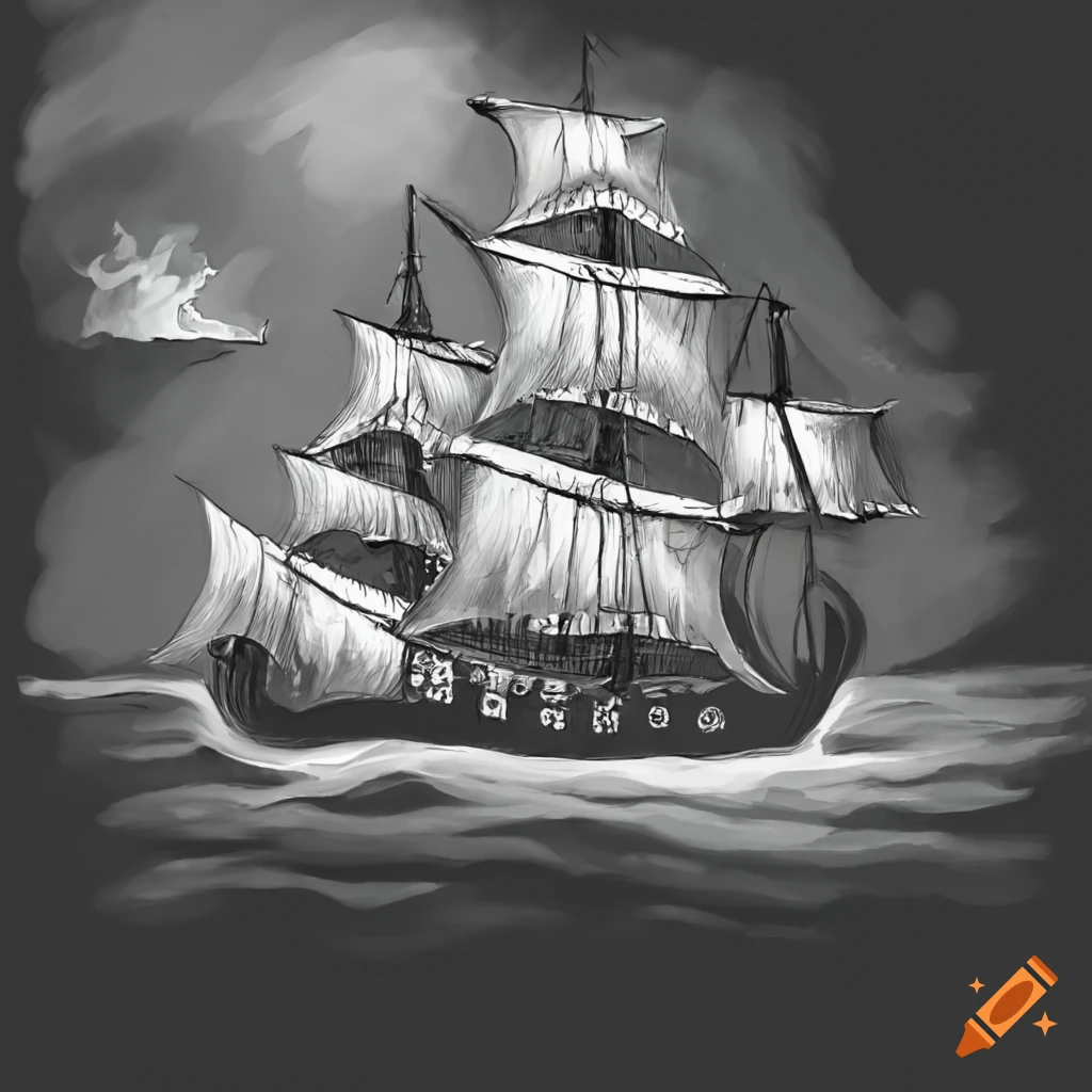 Pen drawing of a pirate ship in a notebook-style landscape with ...