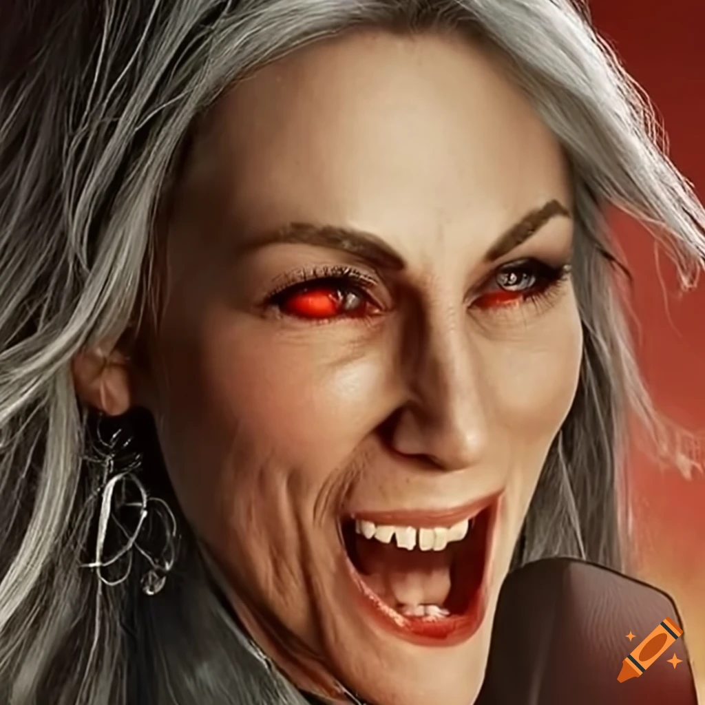 Gray-skinned red-eyed bodybuilding vampire laughing in a dramatic pose ...