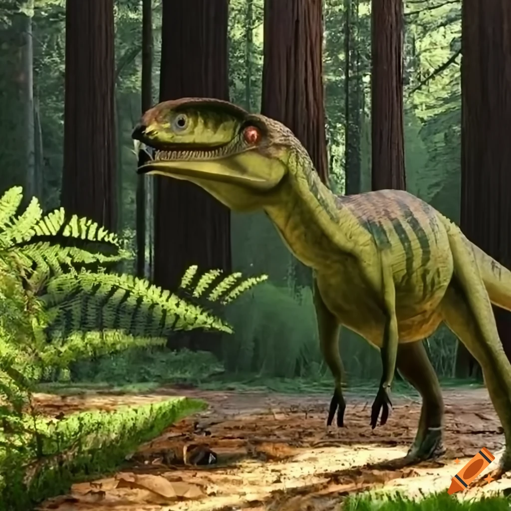 Iguanodon dinosaurs with goshawk color pattern in a redwood forest ...