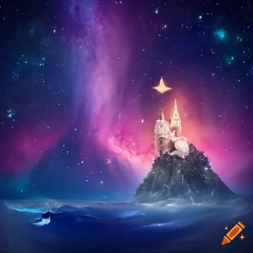 Young princess looking at a floating castle in a starry galaxy on Craiyon