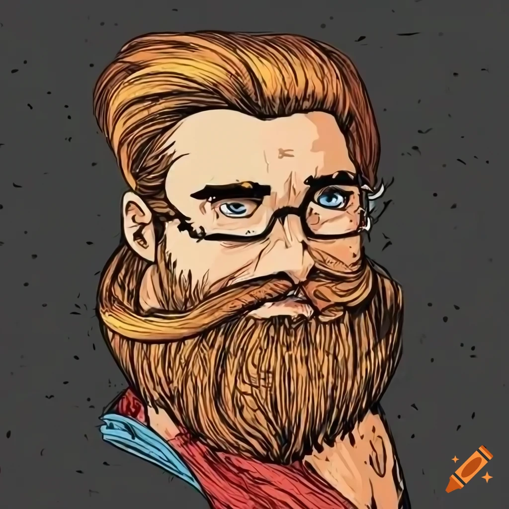 Delightful bearded cartoon hero with flowing hair in vintage comic style on Craiyon