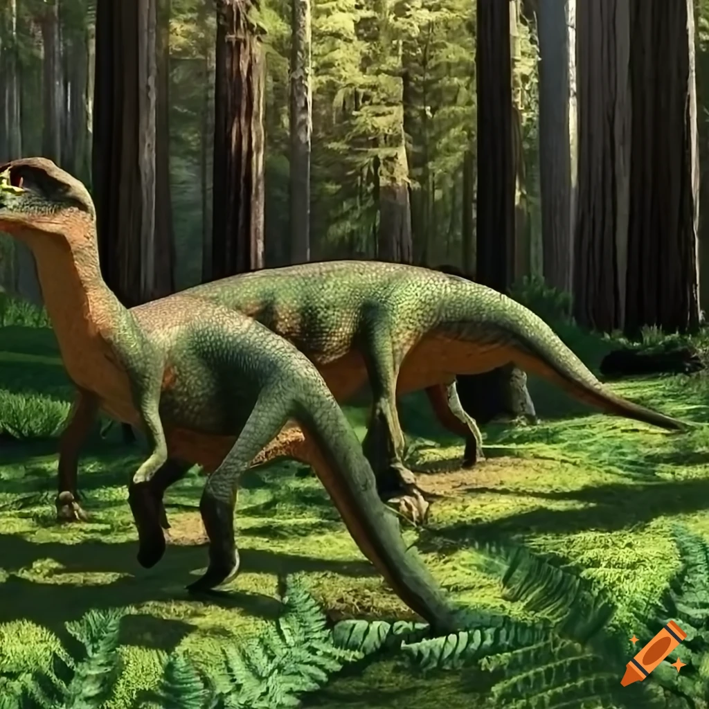 Iguanodon dinosaurs with goshawk color pattern in a redwood forest ...