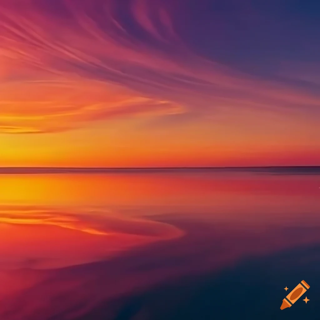 Psychedelic sunset on the beach with mirror effect and warm colors on ...