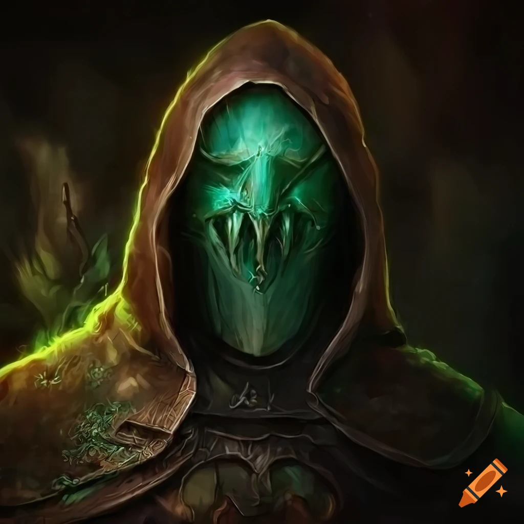 Toothy green plasmoid warlock in full armor with dramatic lighting and ...
