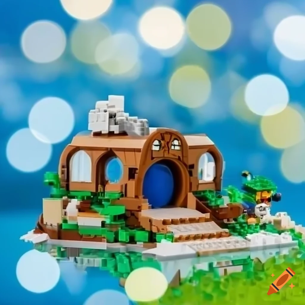 Lego hobbit house on mountain with Lego lake in bokeh background on Craiyon