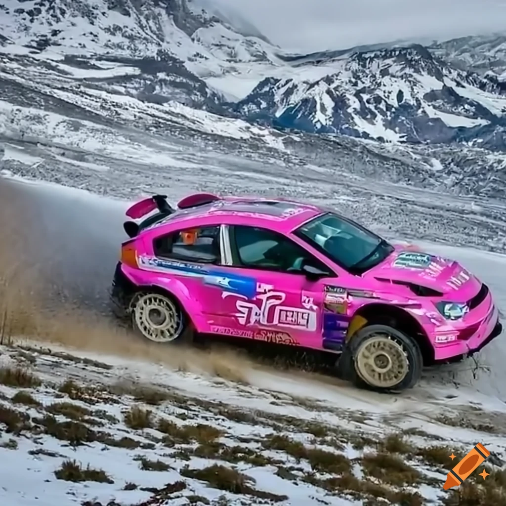 Pink rally car speeding through snowy mountains with snow in the air on ...