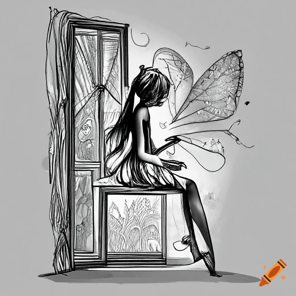 Little fairy looking sadly out of an open window on a windowsill on Craiyon