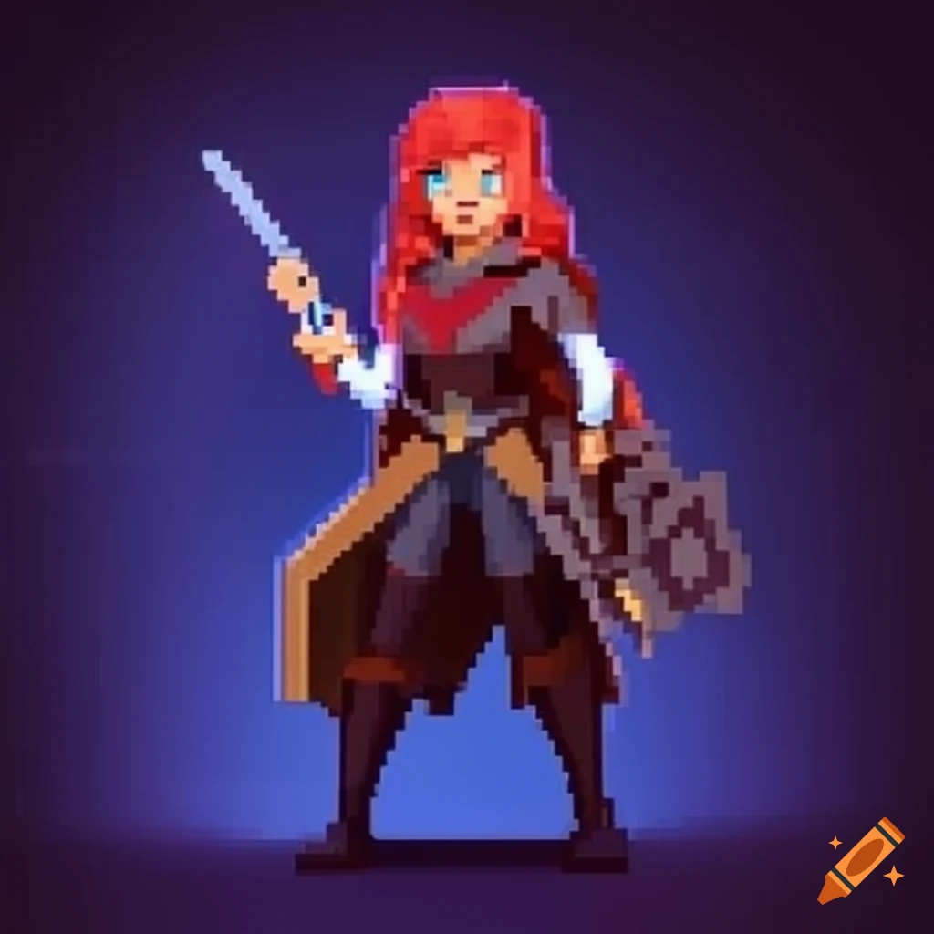 8bit female adventurer holding a sword in a fantasy setting on Craiyon