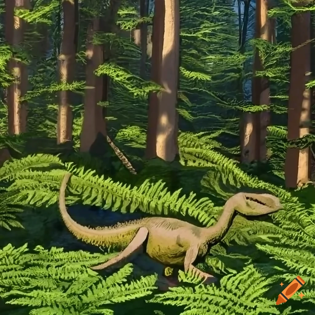 Iguanodon dinosaurs with intricate color patterns in a cedar forest ...