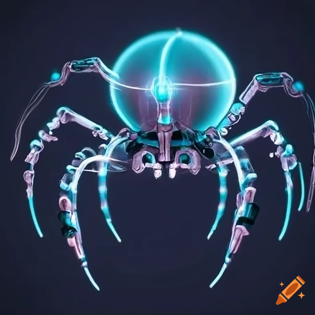 Mechanical spider with white spot and neon glow on Craiyon