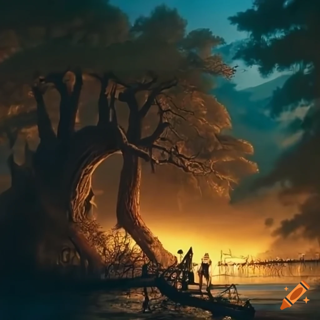 River Styx ferryman and people crossing the river at night under ...