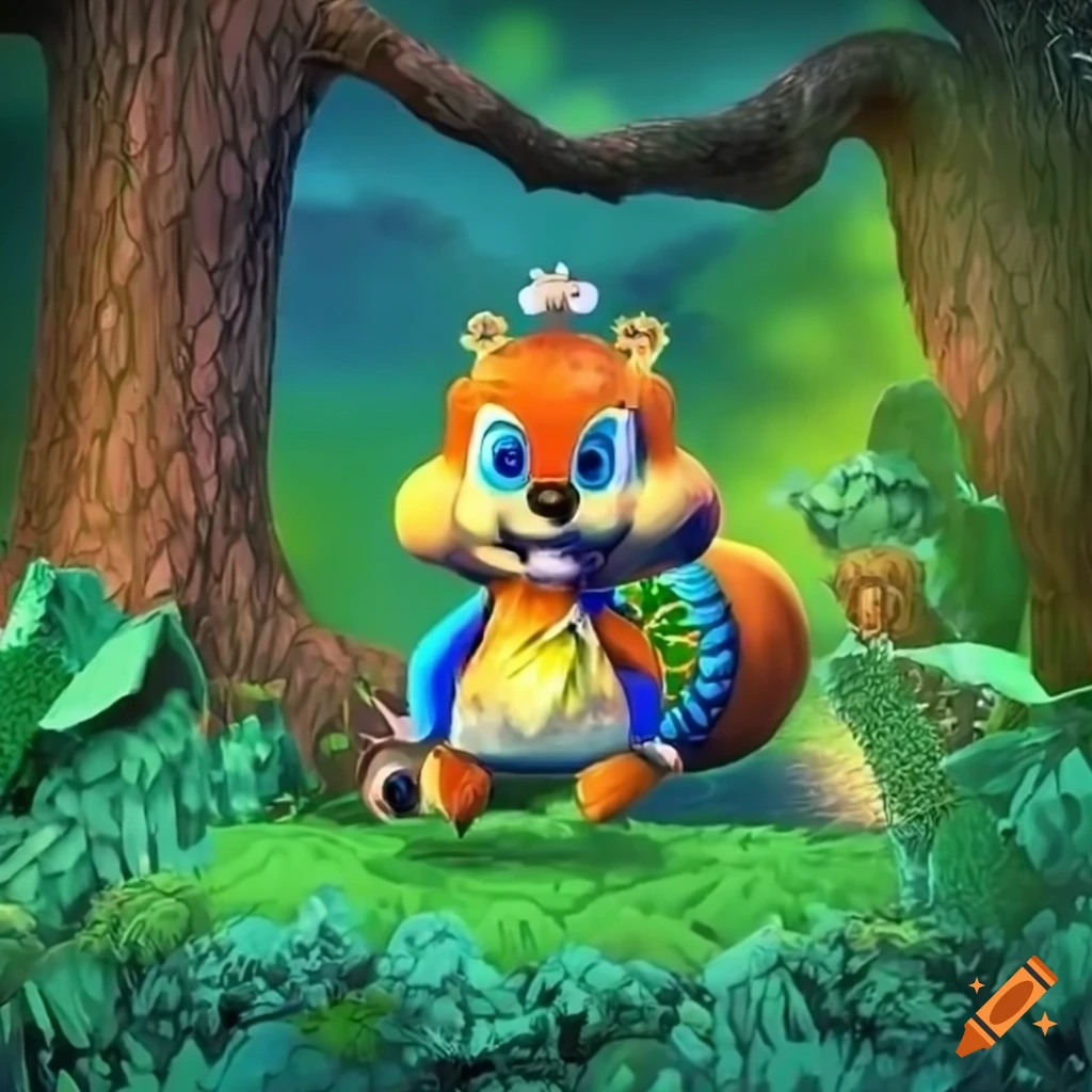 Conker the squirrel exploring a magical forest near a tranquil lake on ...