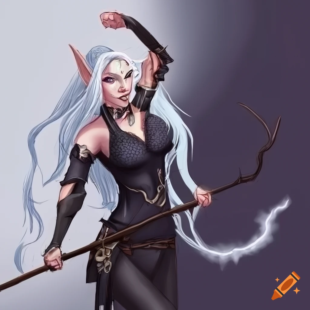 Elf necromancer with white hair wielding a human spine whip and bow on Craiyon