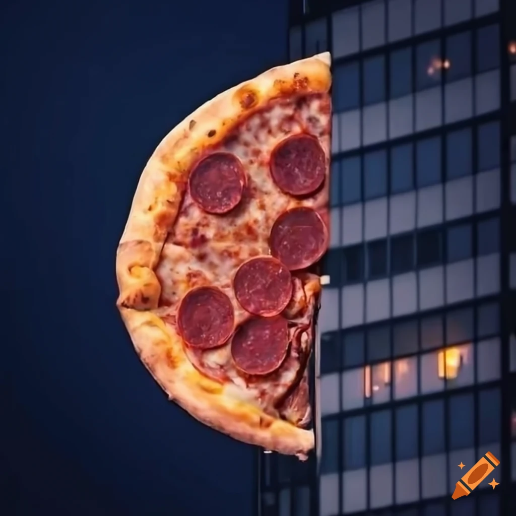 Pepperoni pizza moon in a city skyline view at night on Craiyon