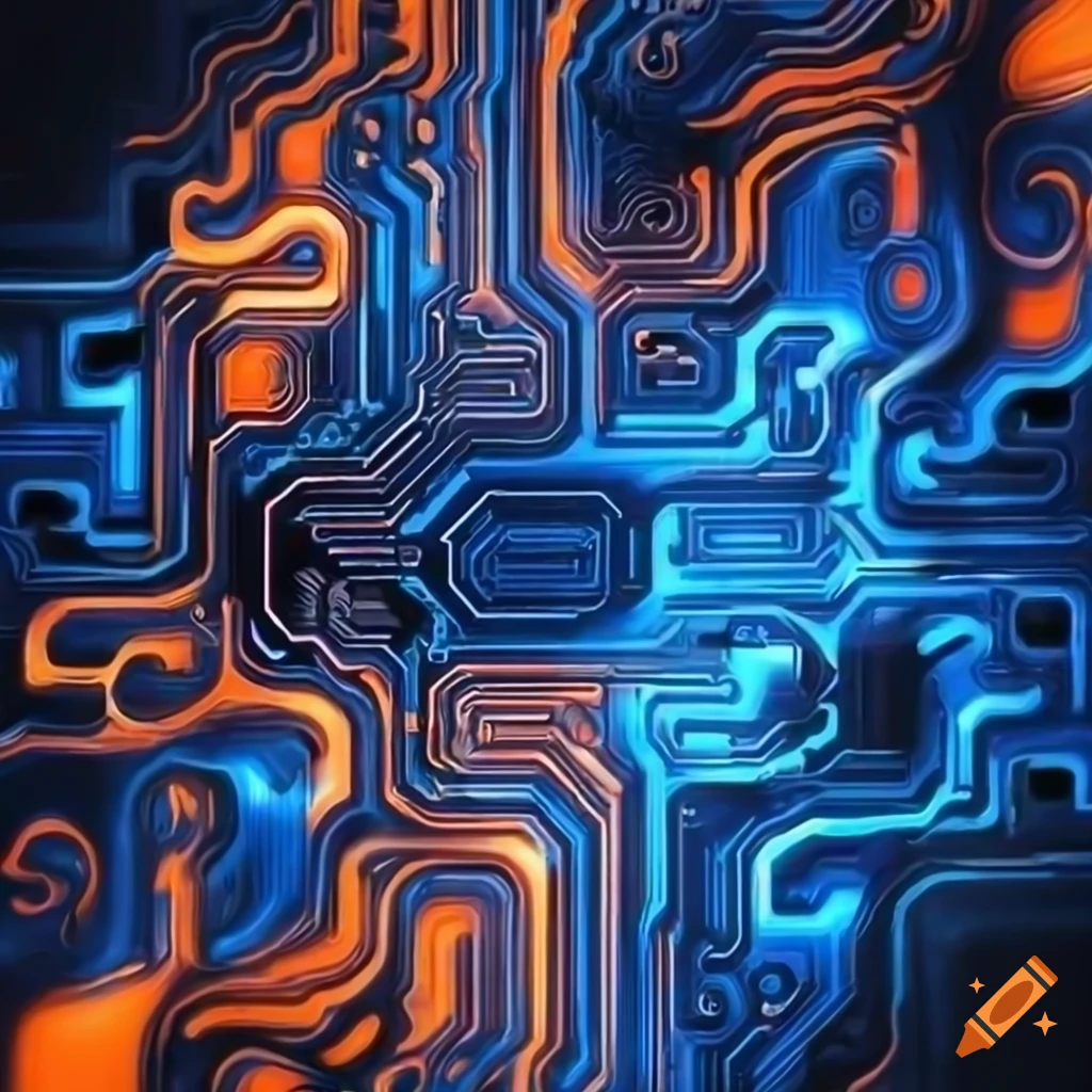 Abstract black and orange printed circuit boards in 4k resolution with ...