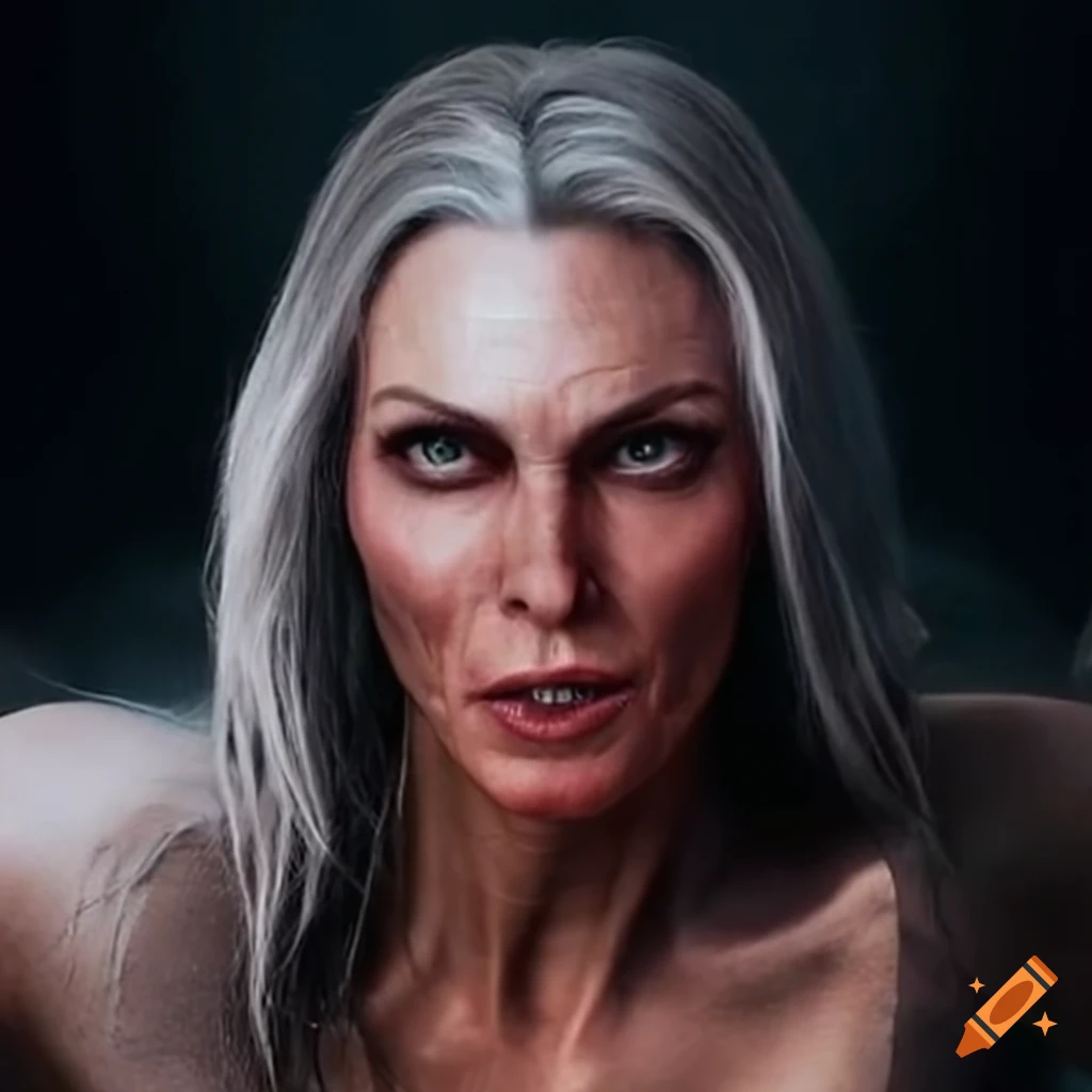 Gray-skinned red-eyed bodybuilding vampire laughing in a dramatic pose ...