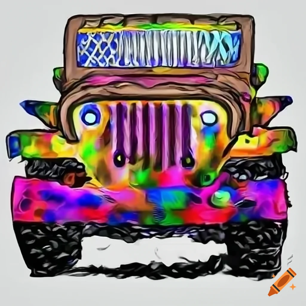 Front grill of jeep with huge rainbow-colored tires on Craiyon