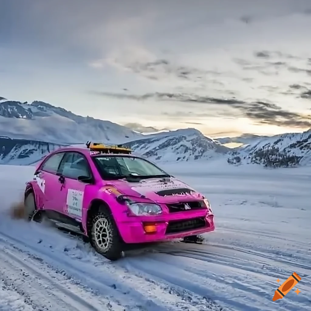 Pink rally car speeding through snowy mountains with snow flying ...