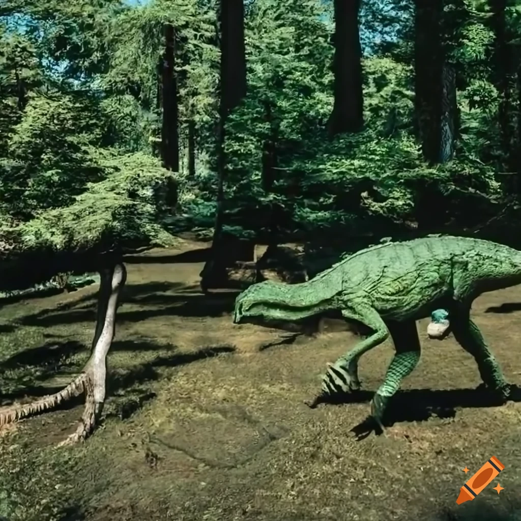 Colorful iguanodon dinosaurs walking in a fern-covered clearing in a ...