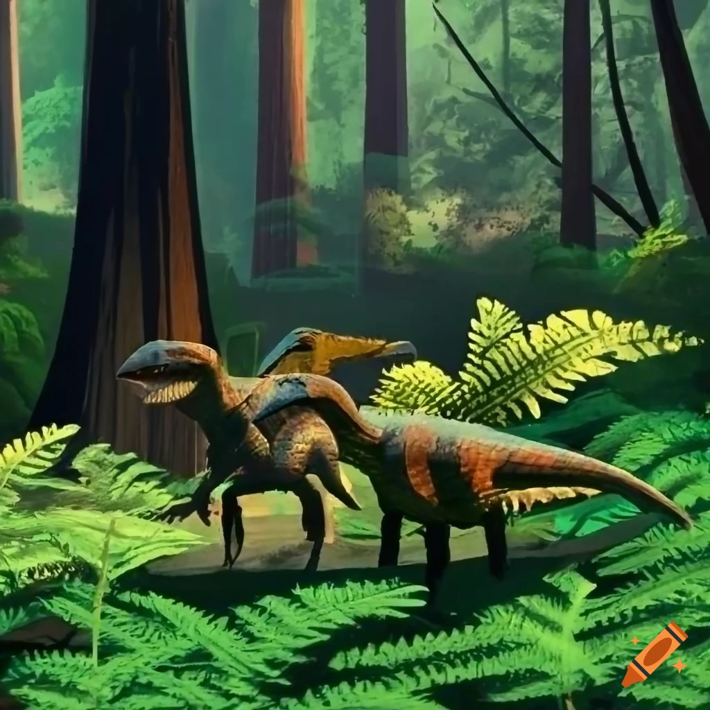 Iguanodon dinosaurs with goshawk color pattern in a redwood forest ...
