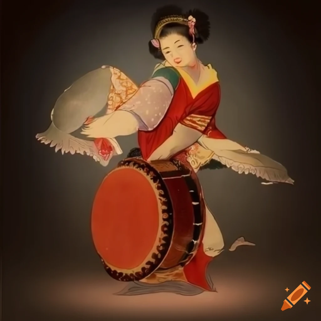 Ukiyo-e painting of synchronized taiko drumming Koi fish and a ...