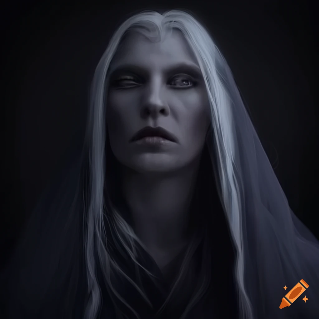 Dark elven wizard with snow-white hair and intricate robes on Craiyon