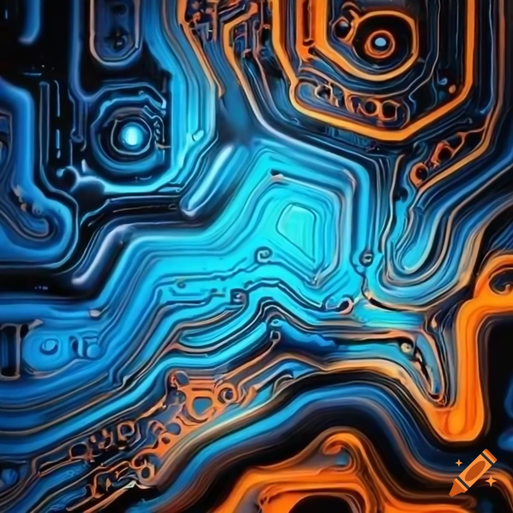 Abstract black and orange printed circuit boards in 4k resolution with ...