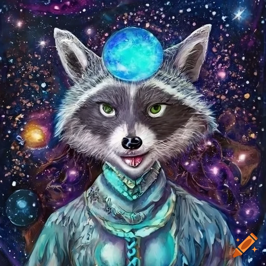 Anthropomorphic space raccoon deity dreaming of a starscape in anime ...