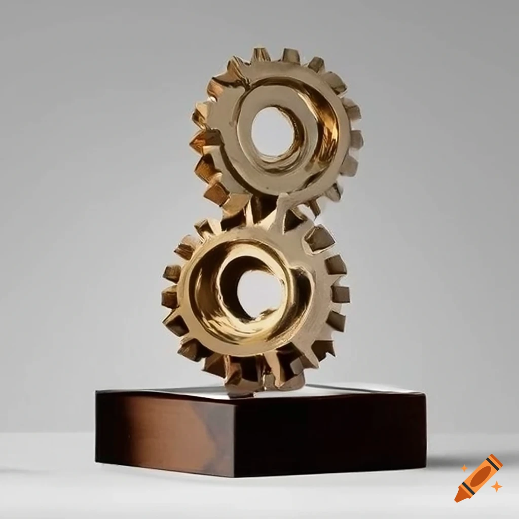 Sleek gear-shaped metallic trophy on a marble base with metal plaque on ...