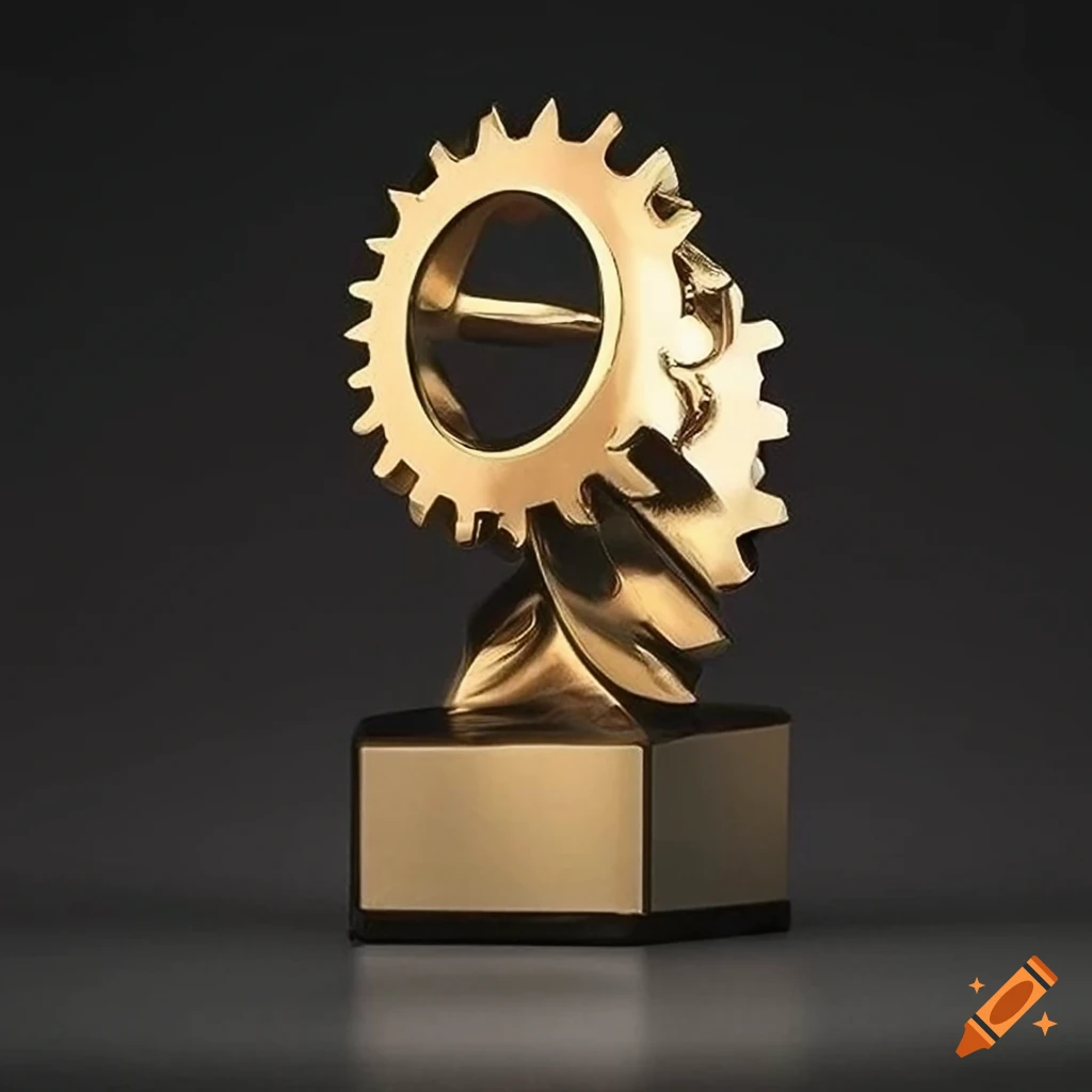 Sleek gear-shaped metallic trophy on a marble base with metal plaque on ...