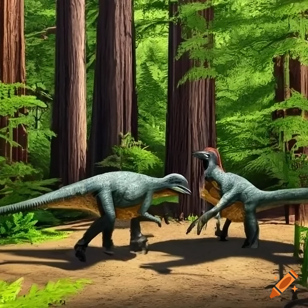 Iguanodon dinosaurs with goshawk color pattern in a redwood forest on ...
