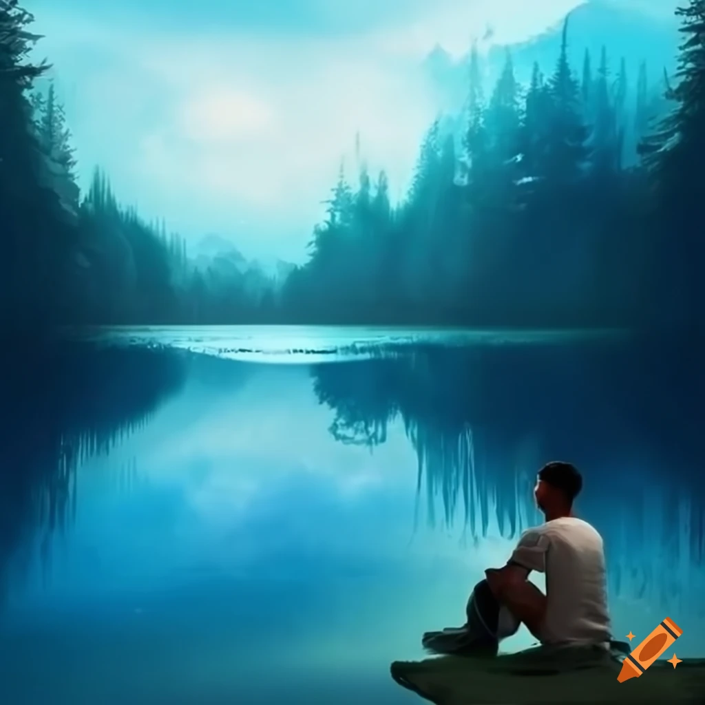 Mysterious lake in a fantasy forest with towering trees and mountains ...