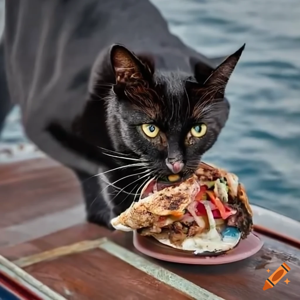 Black cat enjoying kebab doner on a boat in Istanbul Bosphorus on Craiyon