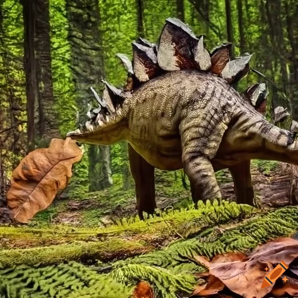 Stegosaurus with detailed skin texture in a forest clearing under warm ...