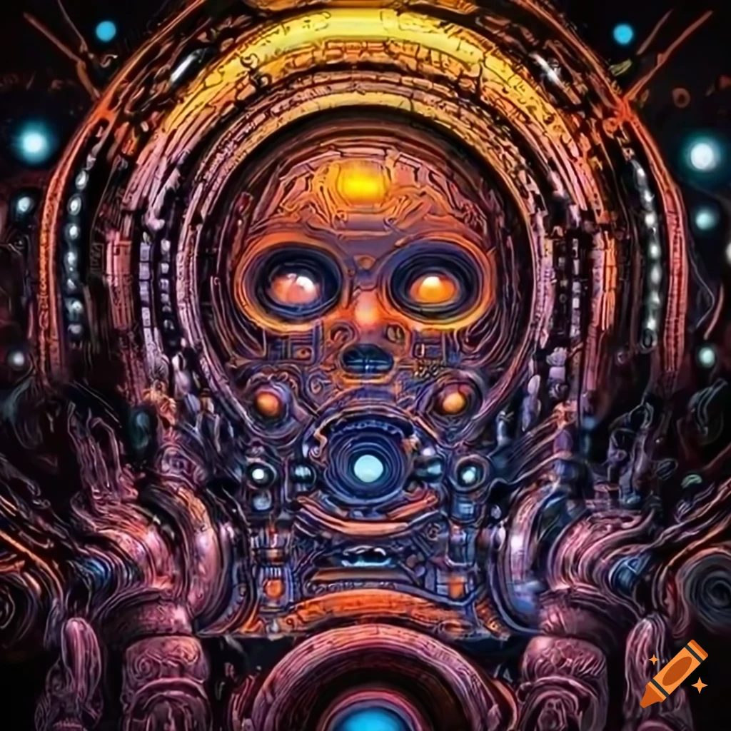 Organic machine art with brain circuit board in 70s sci-fi style on Craiyon