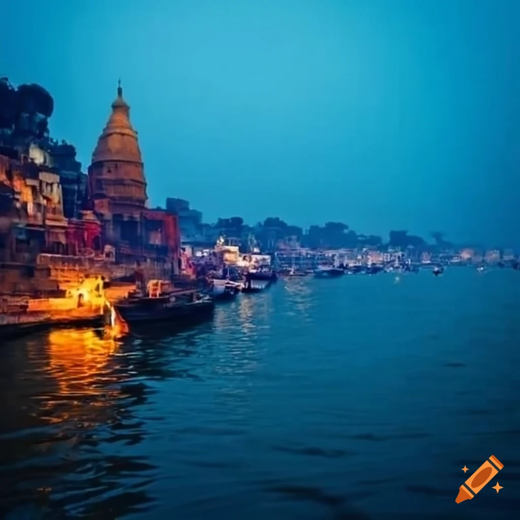 Varanasi ghats with deep blue Ganges water in daylight on Craiyon